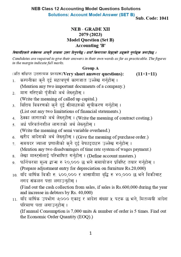 NEB Class 12 Account Model Questions 2081-2082 Solution