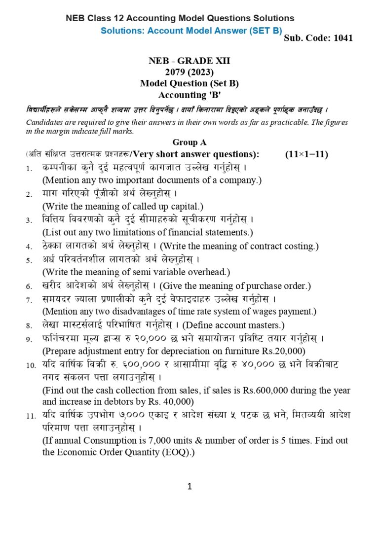 NEB Class 12 Account Model Questions 2081-2082 Solution